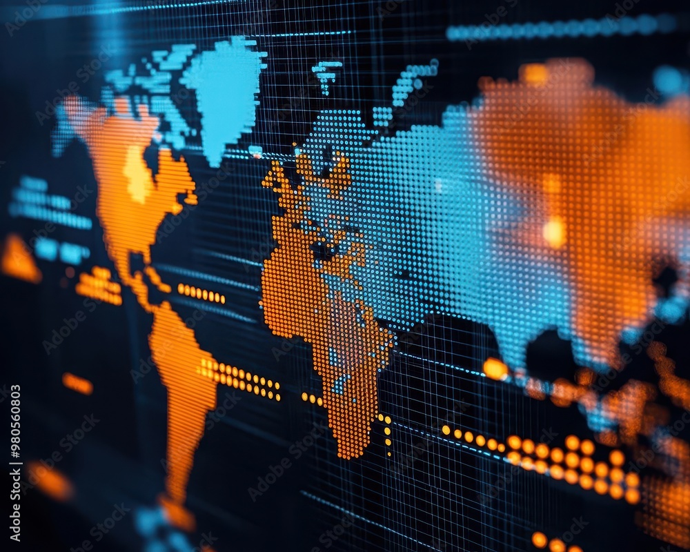 Digital world map with financial growth charts appearing on different ...