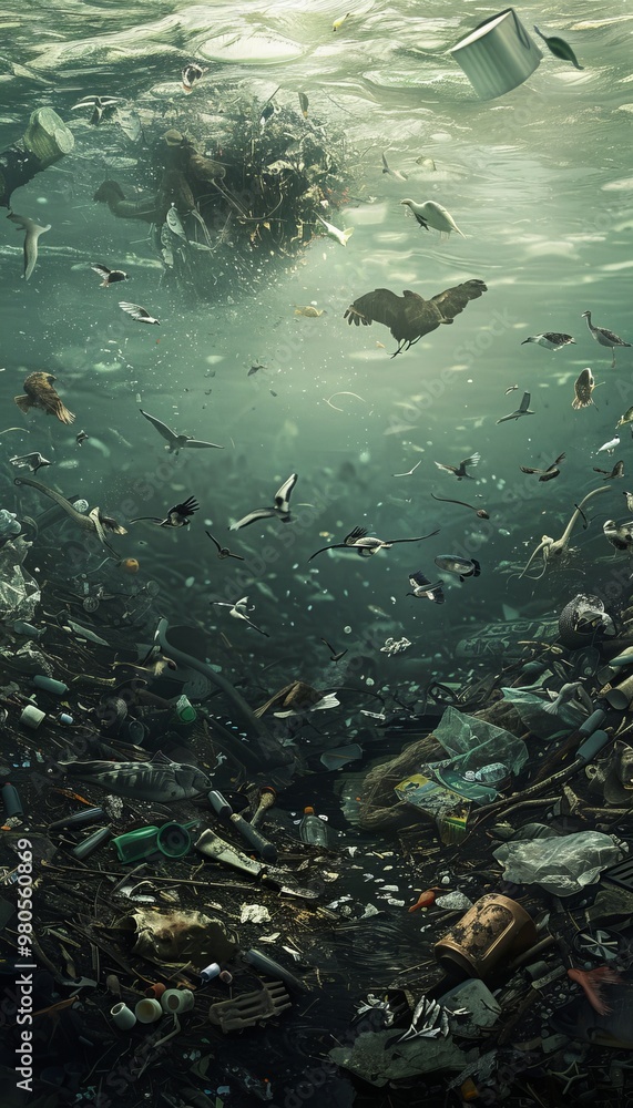 Polluted ocean teeming with waste, illustrating the severe impact on ...