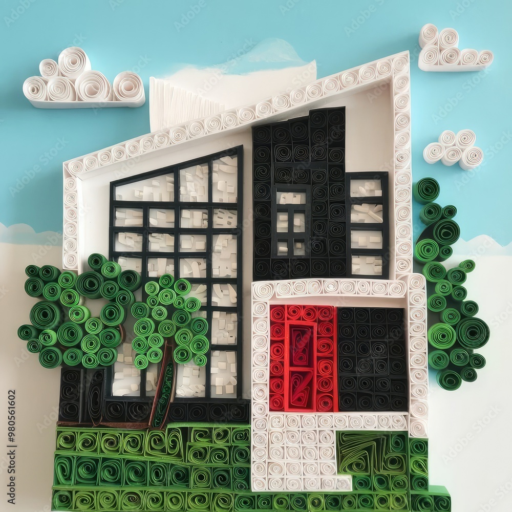 A vibrant 3D papercraft tree map, colorful paper rectangles of ...