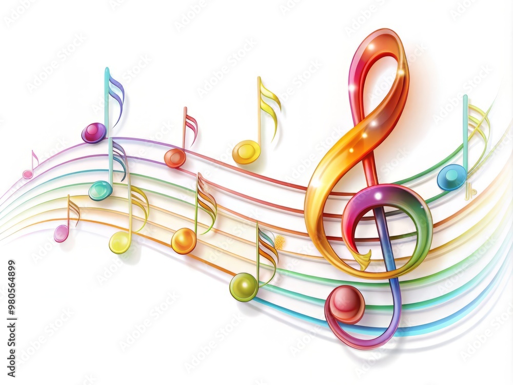 Colorful music note with stems, treble clef, and lyrics engraved on a ...