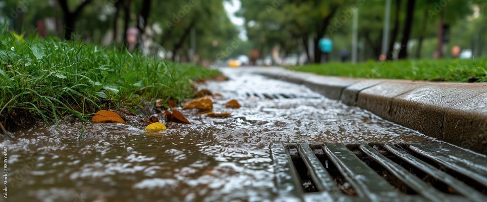 Rainwater flow into modern street drainage system for urban ...
