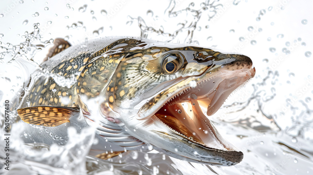 An angry pike fish erupts from the water, splashing droplets as it ...
