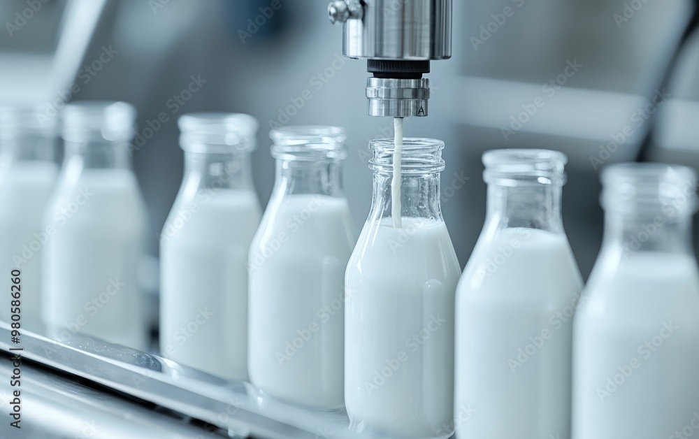 Automated machine filling bottles with plant-based milk in a sterile ...