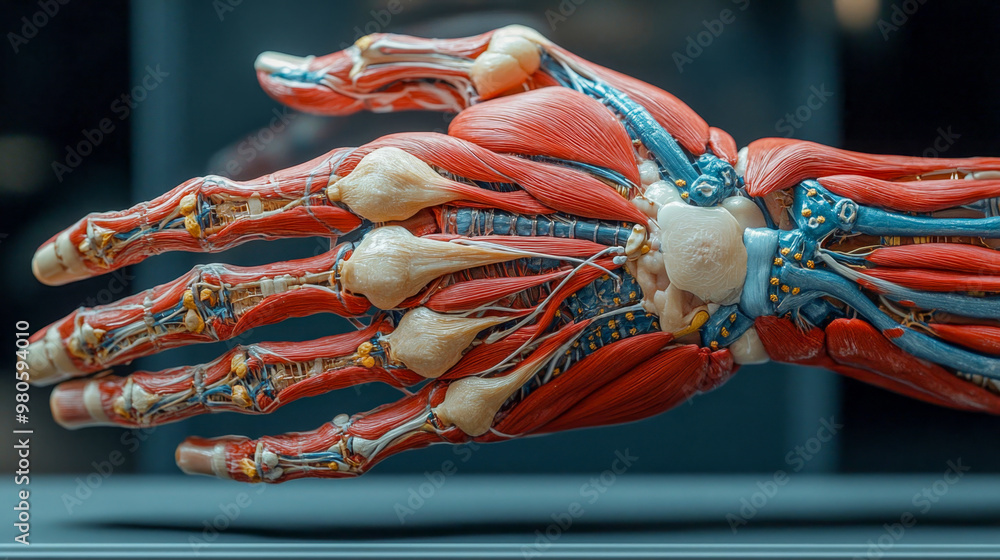 Anatomical model of a hand showing the extensor and flexor muscles ...