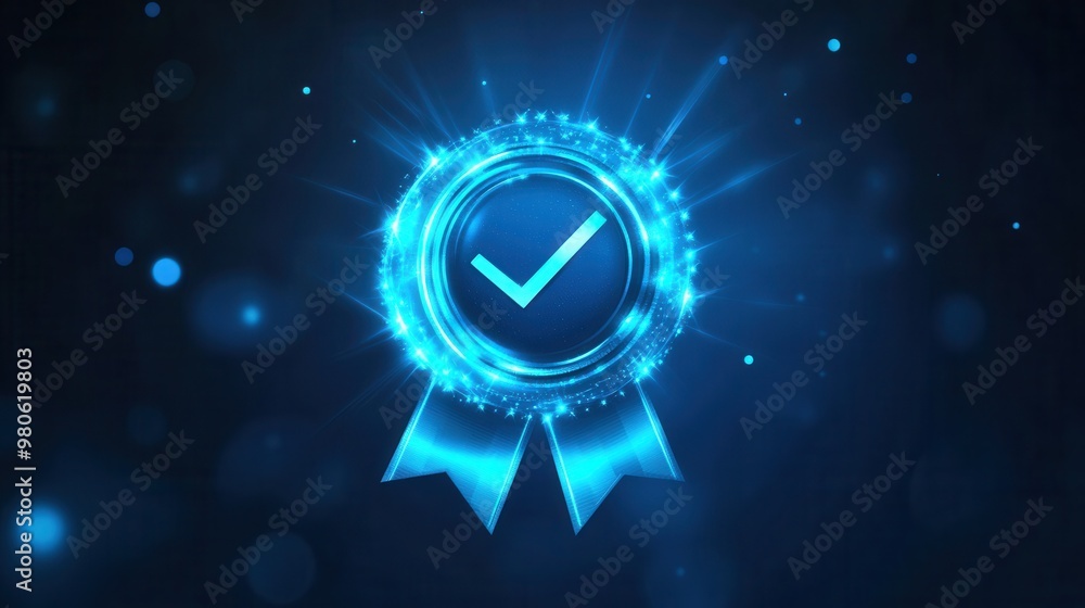 "Blue Award Badge with Checkmark and Sparkles" Stock Photo | Adobe Stock