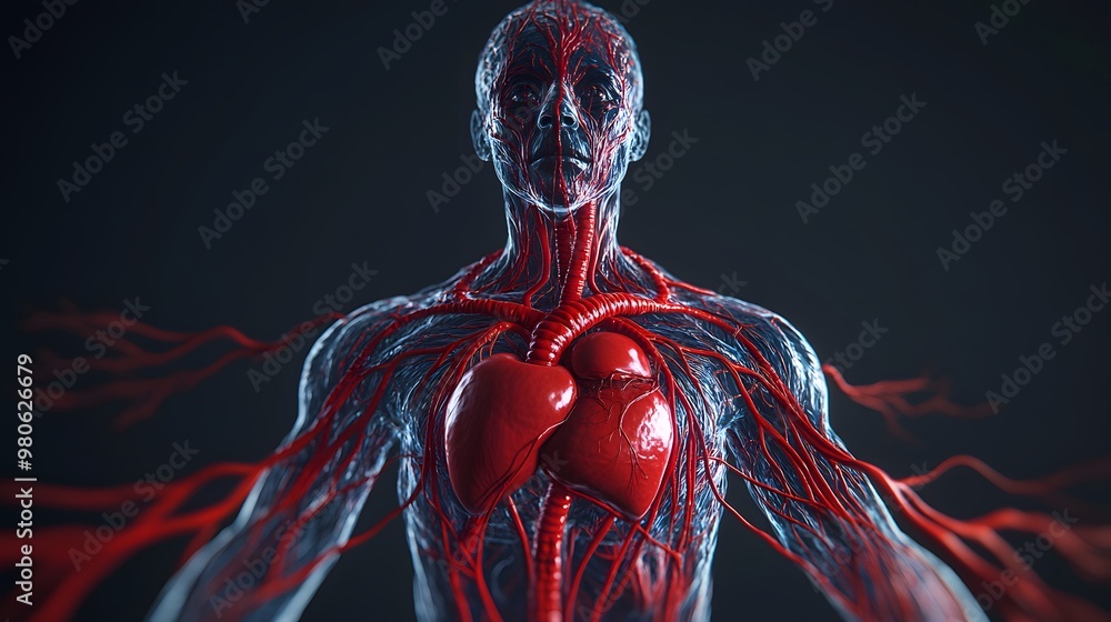 Anatomy of the human circulatory system, hyper-realistic, showing heart ...