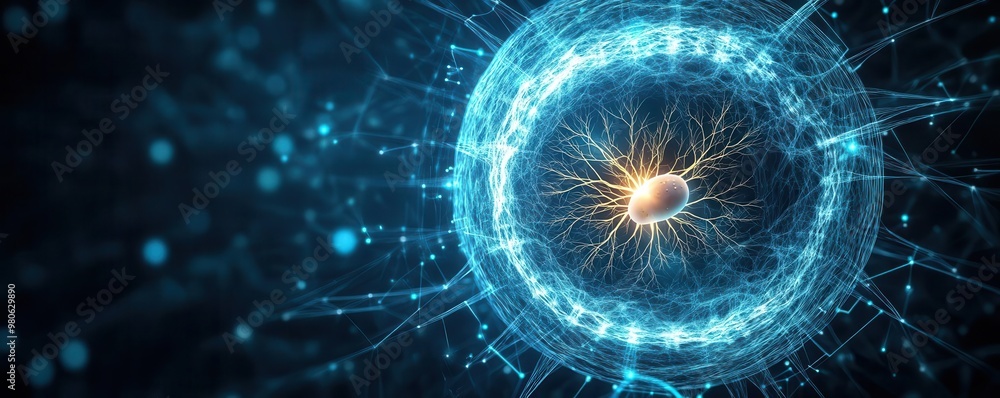 Cross-section of uterus with glowing embryo, roots spreading through ...