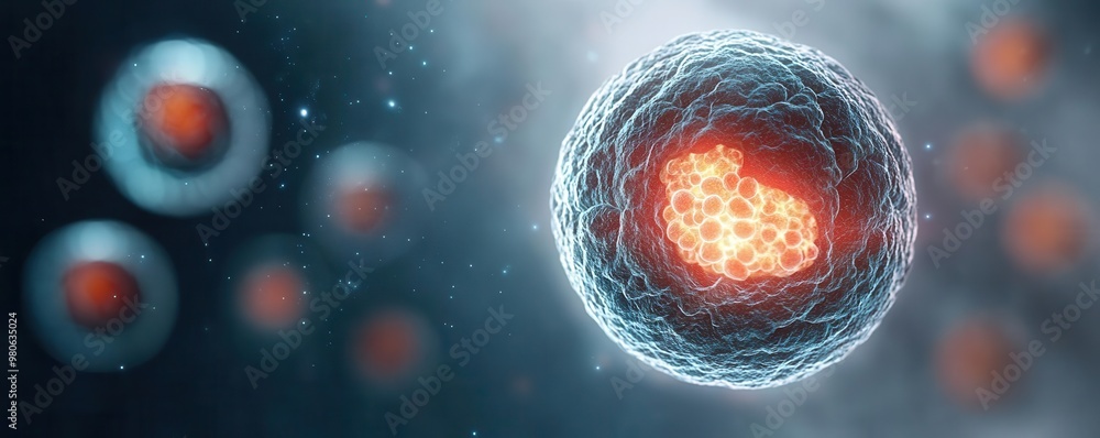 Microscopic view of an embryo's first cells forming, illuminated with a ...