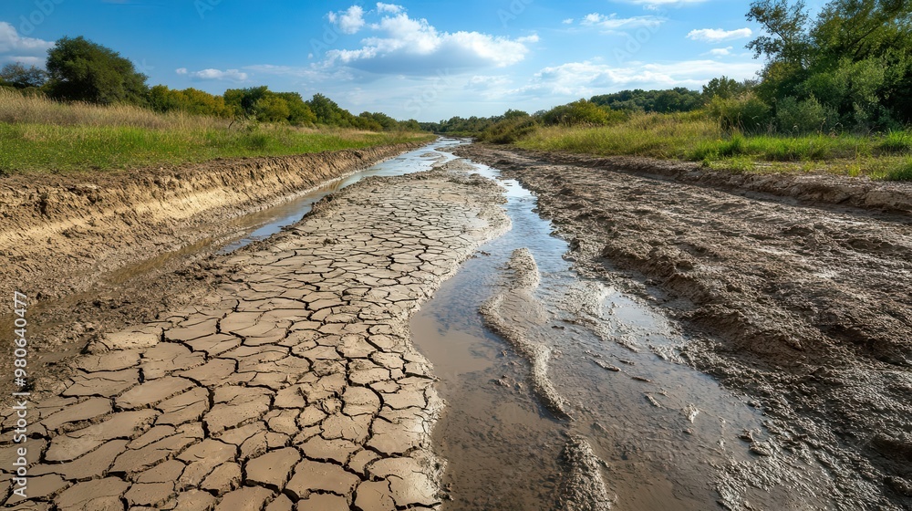 Dry riverbed with cracked mud and no water, illustrating the effects of ...