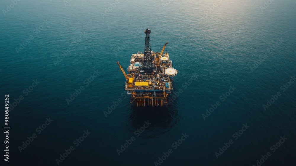 Offshore oil rig platform in open sea. Oil and gas wellhead remote ...