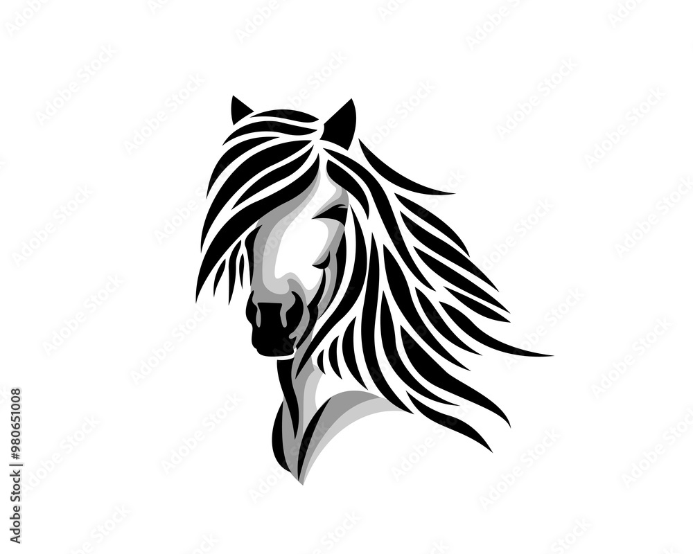 head horse long hair mane tattoo style logo design template ...