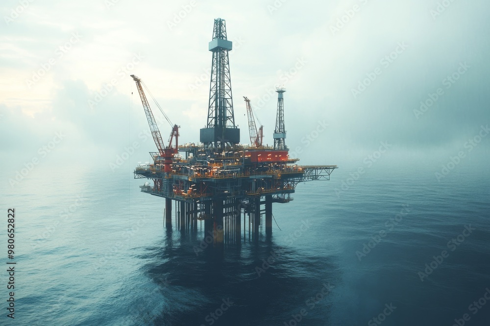 Offshore oil rig platform in open sea. Oil and gas wellhead remote ...