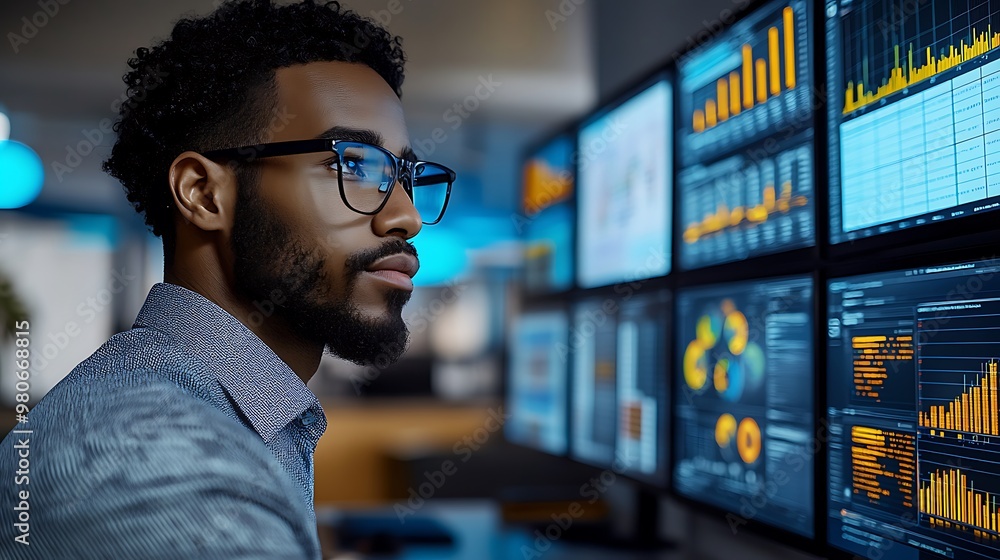 Side view of a cloud data analyst integrating complex data sets on a ...