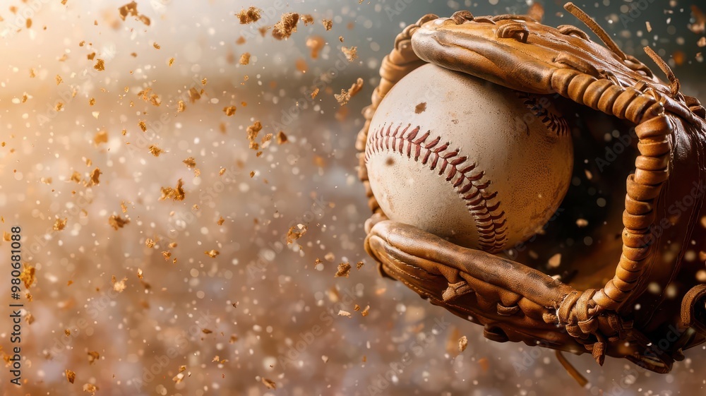 Golden baseball glove catching a ball, with a victorious pitcher in the ...