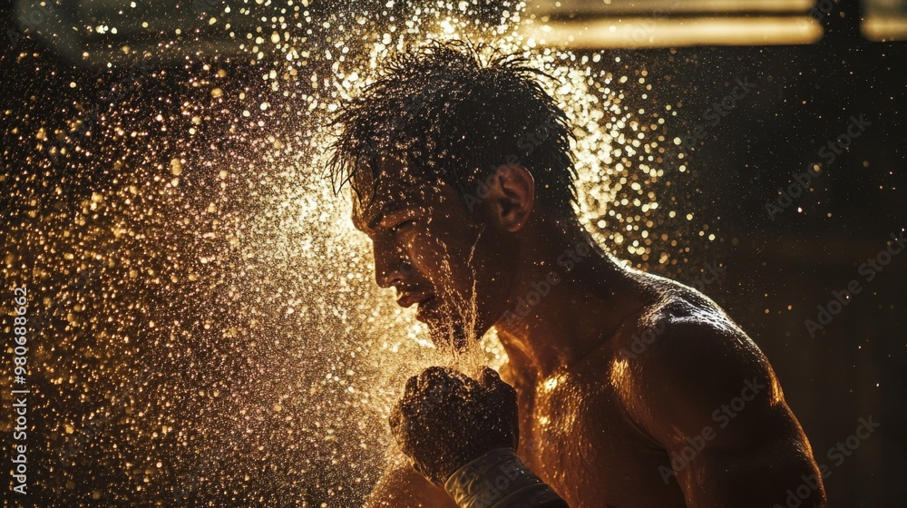 High-speed capture of water spraying off a Muay Thai fighter's head as ...