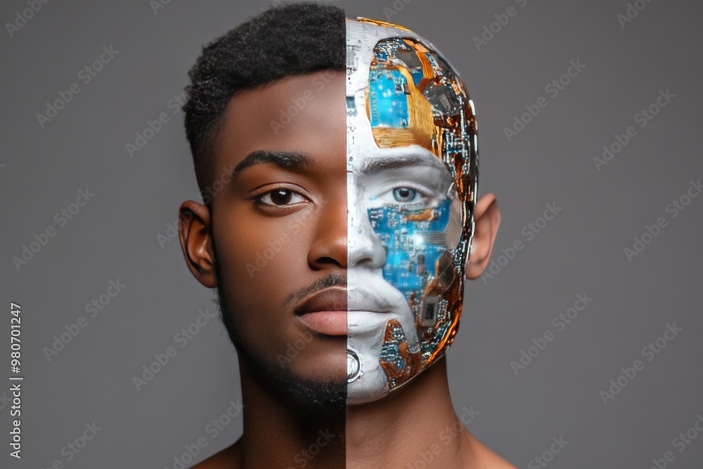 Male face split between human and neural network design representing ...
