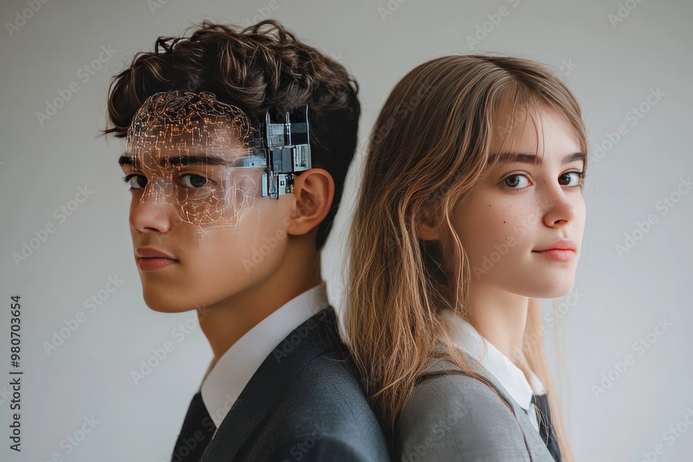 Male and female faces with digital brain interfaces highlighting the ...