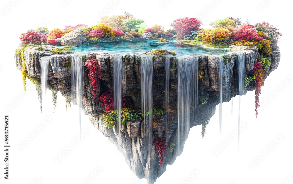 3D illustration of a floating waterfall isolated on white or ...