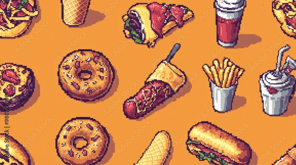 Pixel Art Fast Food Vector Set with Burger,pizza,Soda,Ice Cream,Hot Dog ...