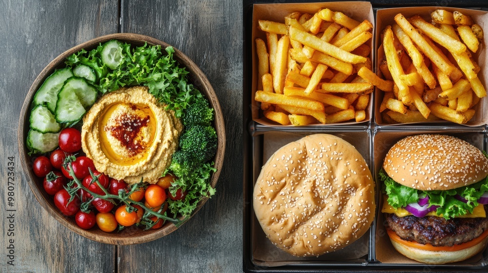 A detailed split image showing a fresh vegetable and hummus snack next ...