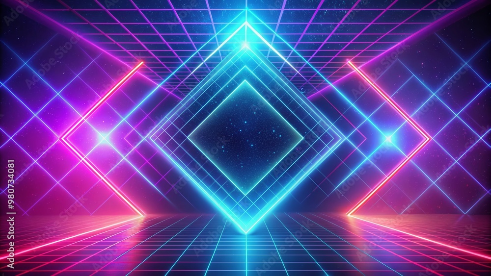 Neon-lit, grids, and abstract shapes form a futuristic retro 80s ...