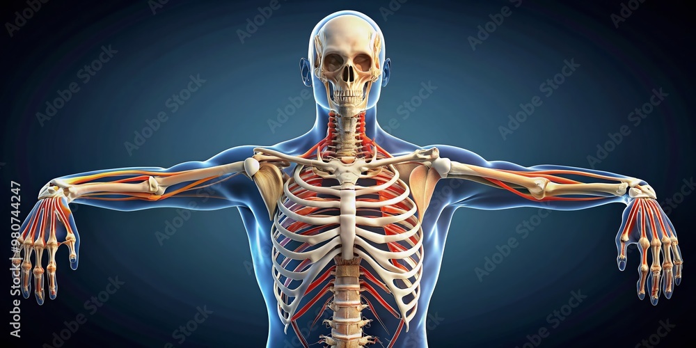 A detailed illustration of the human upper extremity skeletal system ...