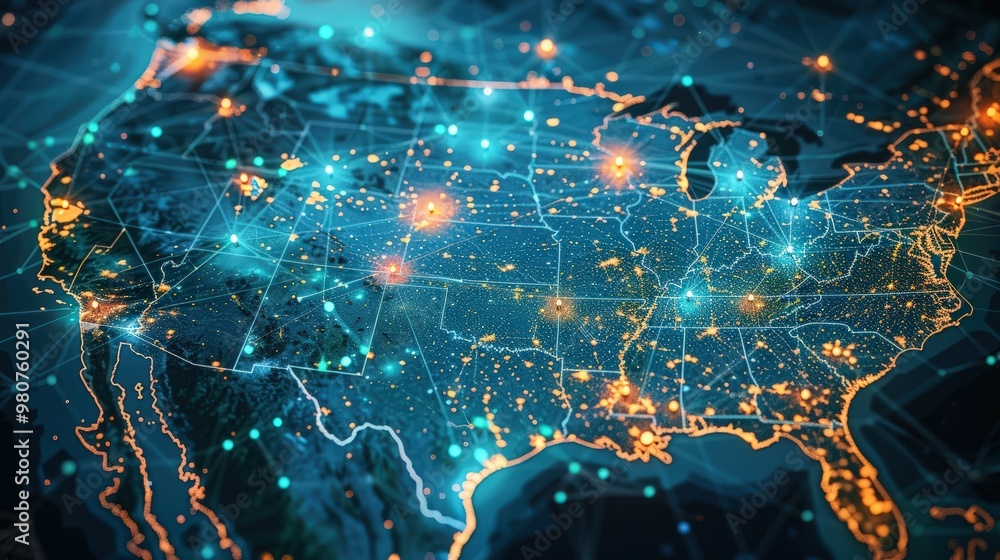 Map of industrial zones across the USA transforming into digital ...