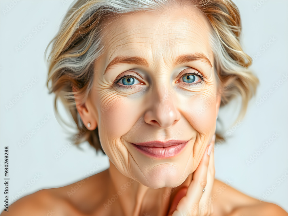 Portrait of happy mature model. Beautiful 50s mid aged mature woman isolated on white background ...