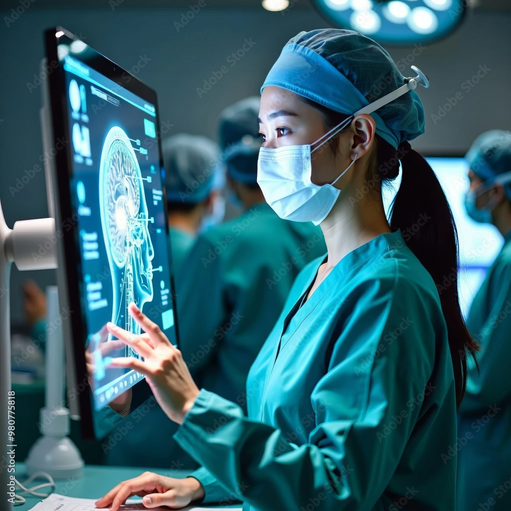 Female asian doctor specialist brain surgeon using computer holographic ...
