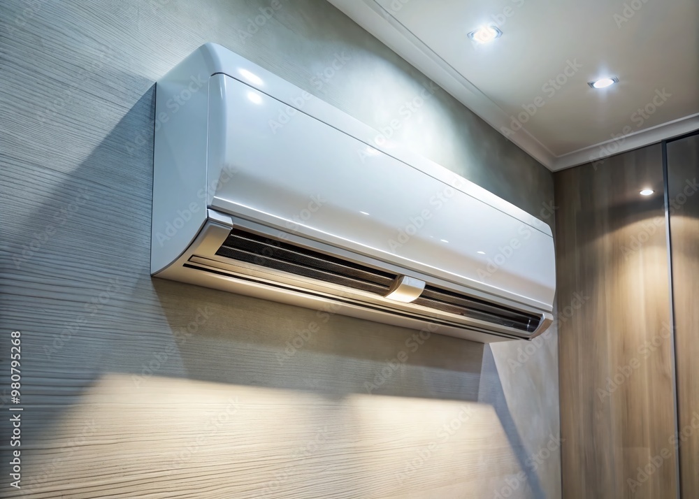 A shiny air conditioning unit installed on a modern wall, with a subtle ...