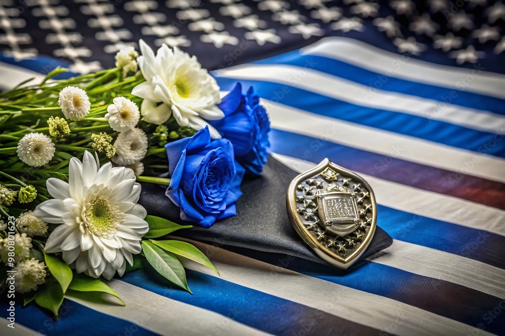 A solemn memorial scene featuring a thin blue line flag, police badge ...