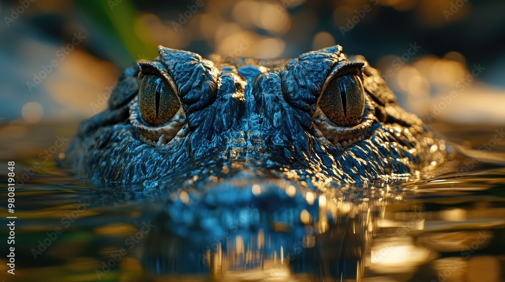 A close-up of an alligator's eye in water. This photo illustrates the ...