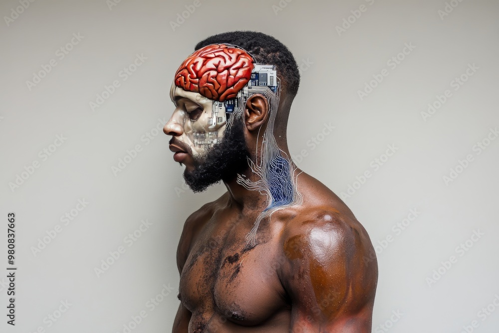 Profile of a muscular man with a visible brain glowing red symbolizing ...