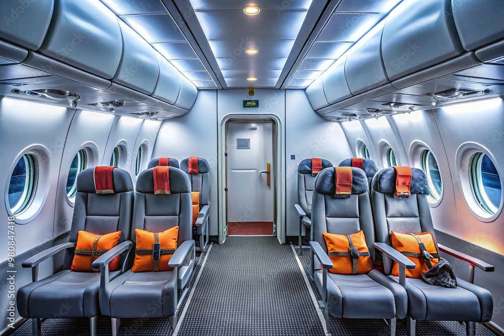 Commercial airliner's emergency exit door, oxygen masks, and life ...