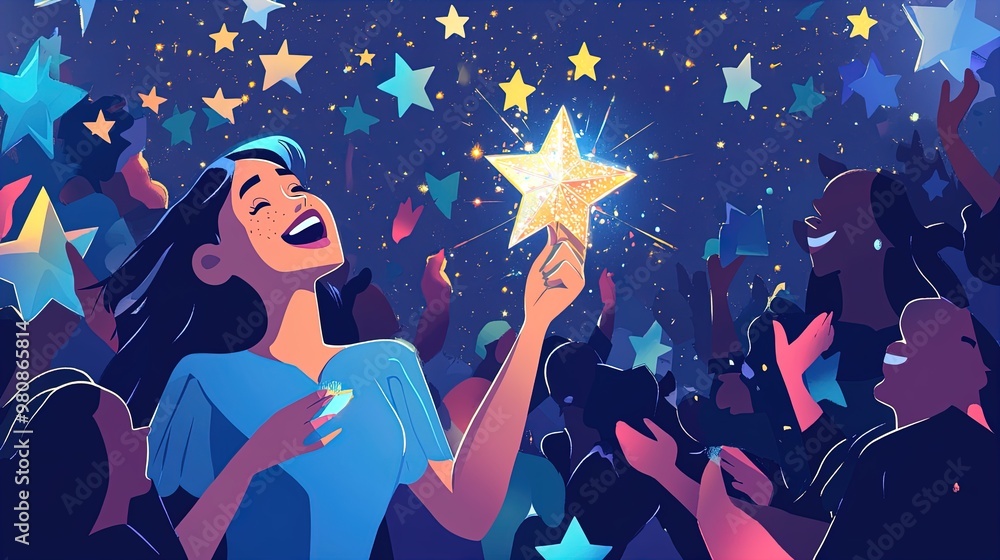 Celebrate Success: An Ecstatic Woman with a Sparkling Star Award Amidst ...
