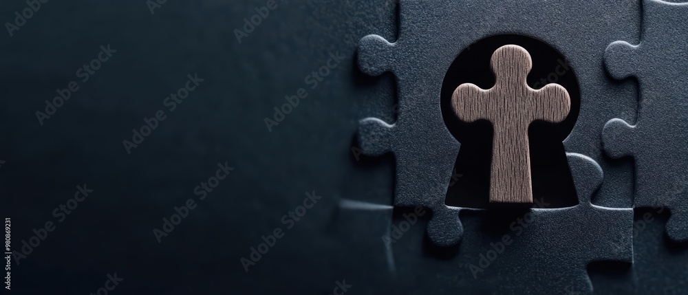 Keyhole shaped like a puzzle piece, unlocking a world of business icons ...
