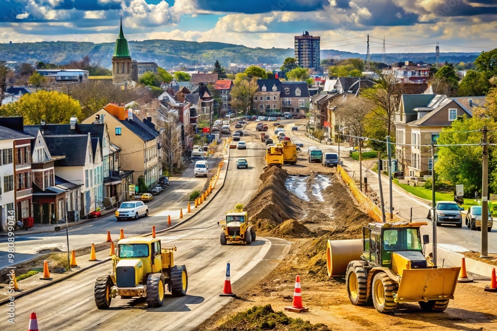 Heavy machinery dominates the landscape as a major road construction ...