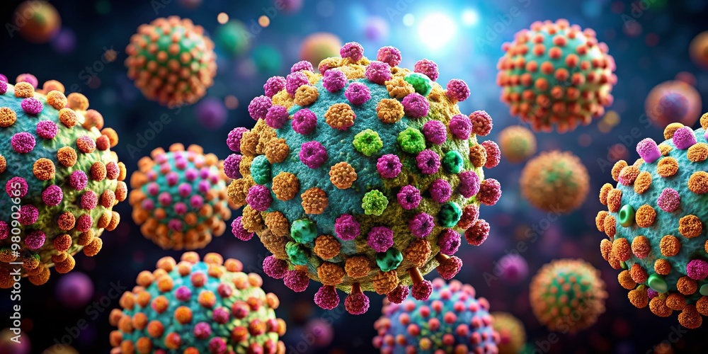 Illuminated microscopic view of HPV viral particles, showcasing their icosahedral structure and ...
