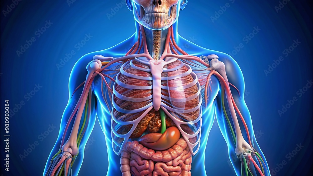 Illustrated anatomy diagram showing internal organs and systems of the ...