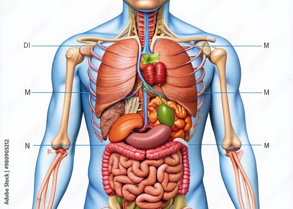 Illustrated diagram of the human abdomen showing internal organs including kidneys, liver ...