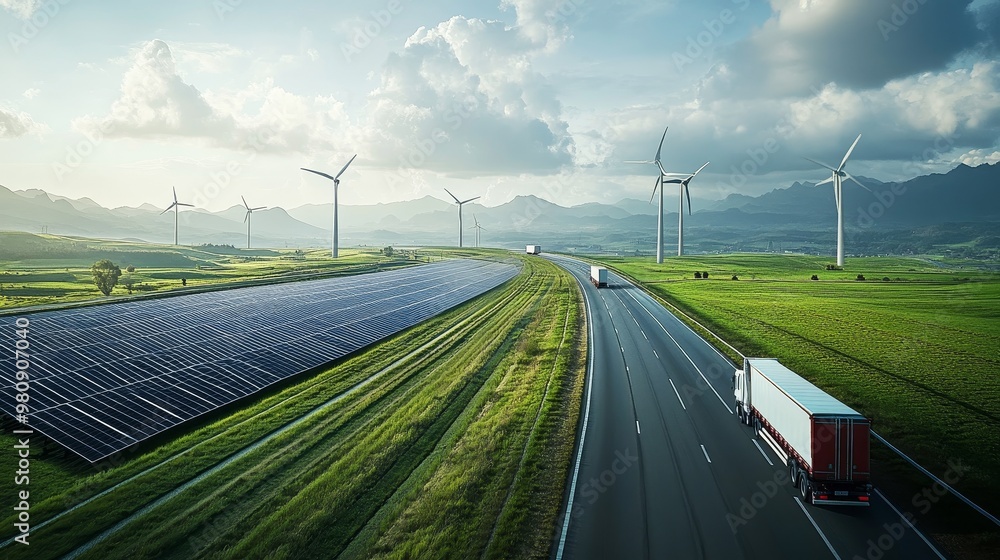 Green scenery from the perspective of surreal drones, showcasing solar ...