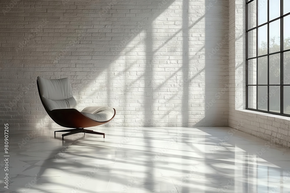 minimalist loft interior with textured white brick wall sleek furniture ...