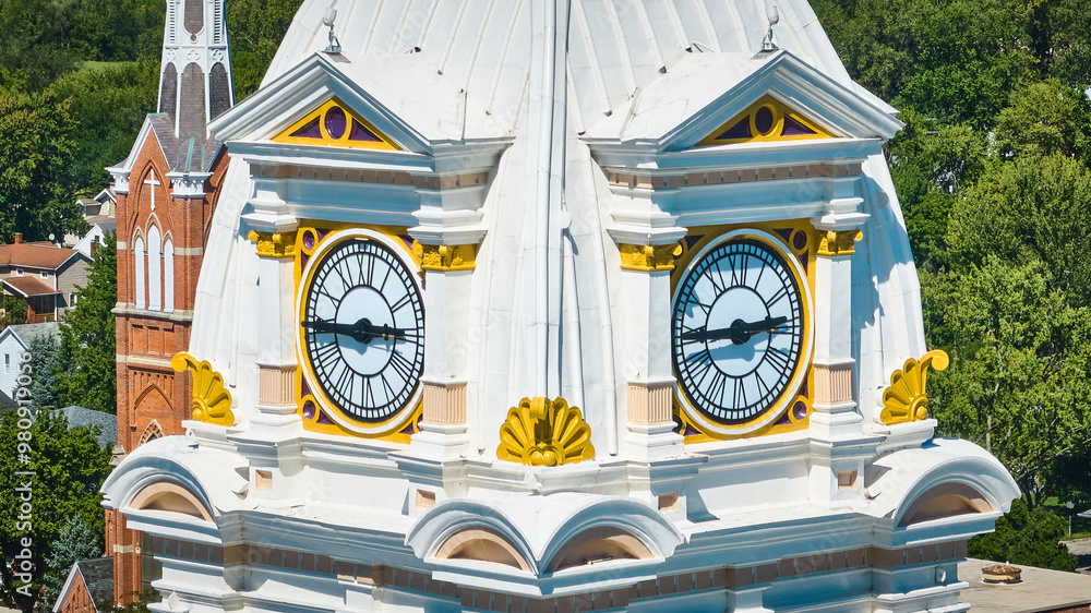 Aerial Detail of Historic Clock Tower and Church in Small Town Setting ...