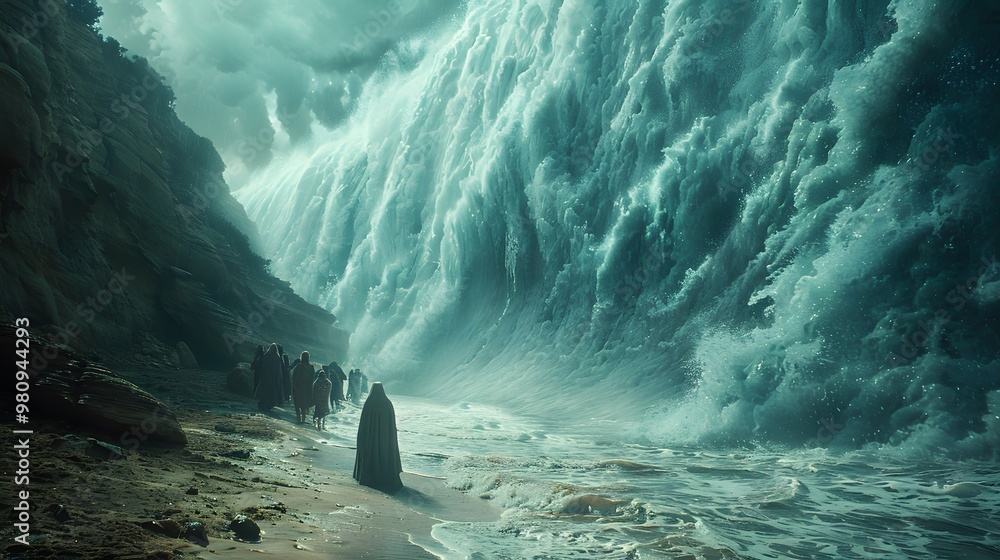 Capture the moment of Moses commanding the Red Sea to part, creating a ...