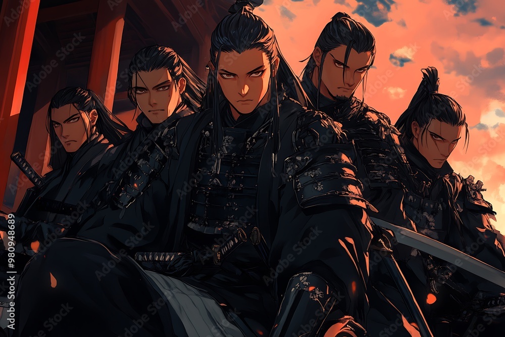Five Samurai Warriors in Traditional Attire with Swords. Stock ...