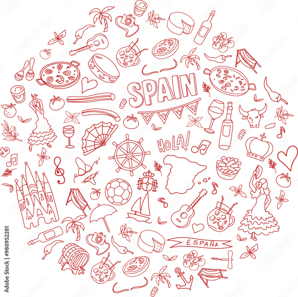 Symbol of Spain inside a circle shape element Doodle Art Illustration ...