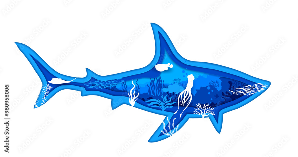 Shark silhouette with underwater landscape. Vector paper cut, shark ...