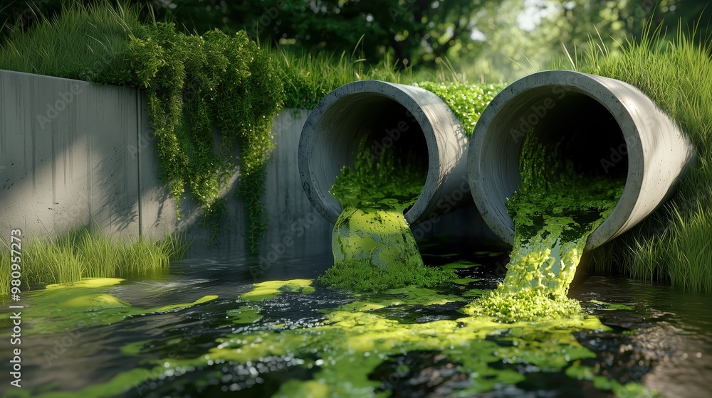 Two concrete pipes releasing green sludge into a lush, overgrown area ...