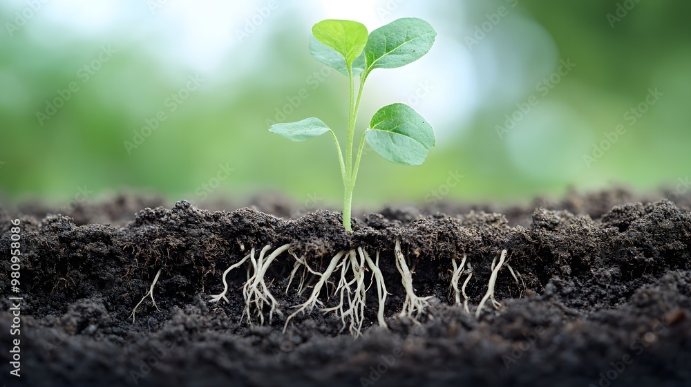 Young plant seedling emerges from rich soil, revealing a detailed root ...