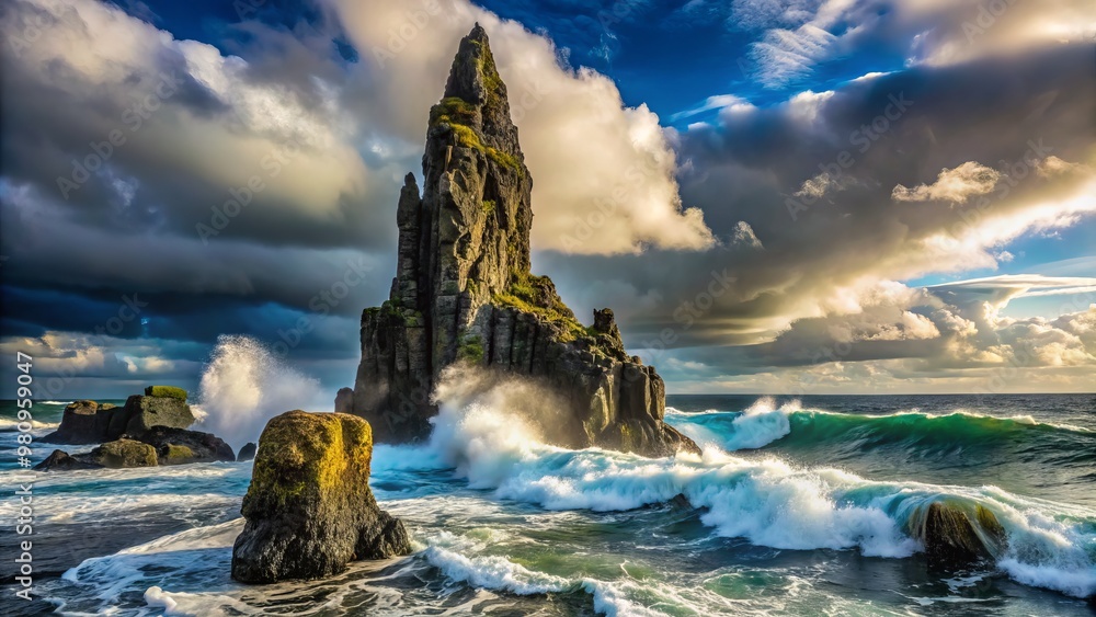 Mighty basalt sea stacks pierce the turbulent ocean, a visual ...